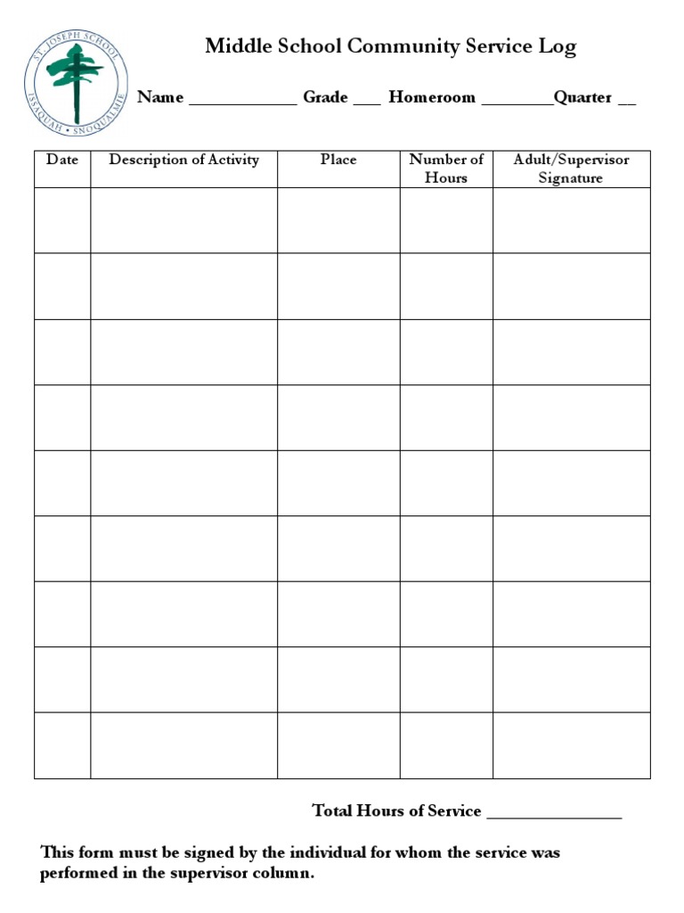 Middle School Community Service Log | PDF