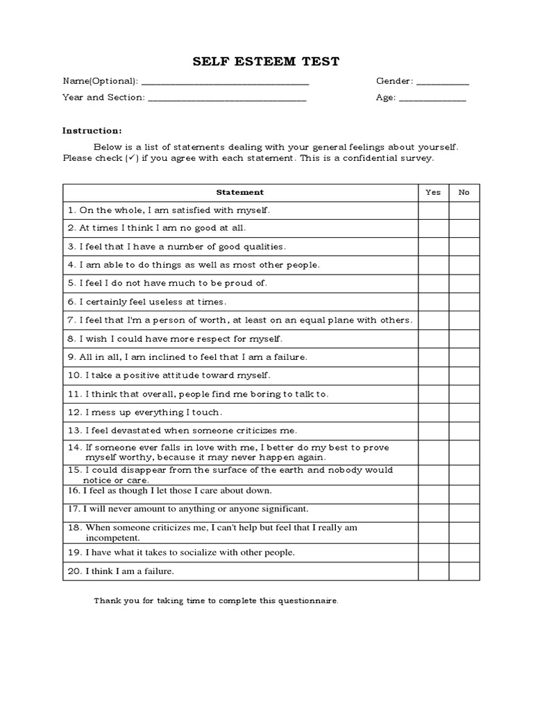 Self Esteem Test | PDF | Psychological Concepts | Behavioural Sciences