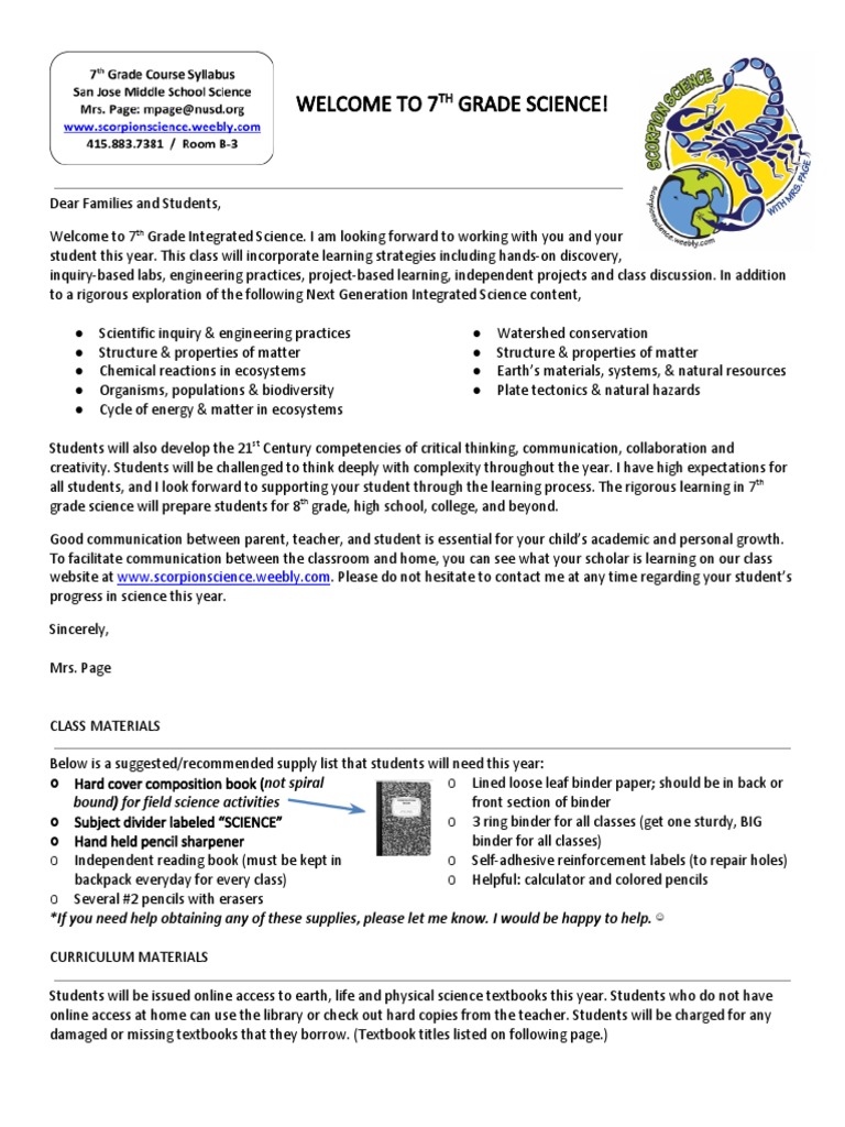 Welcome TO 7 Grade Science!: o Hard o Subject o Hand | PDF