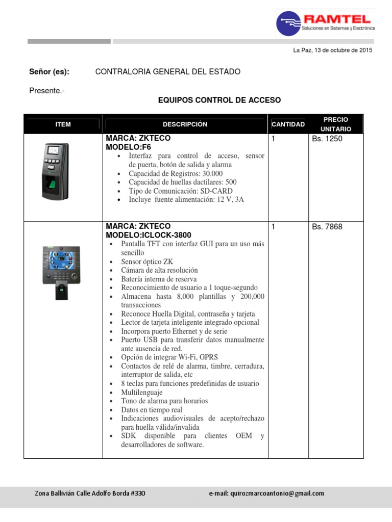 Proforma Equipos Control de Acceso ZKTECO | PDF | Informática ...