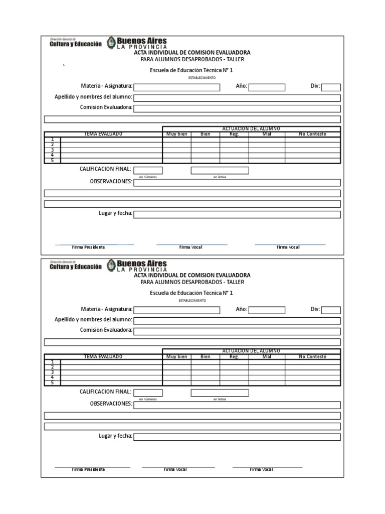 Acta Individual de Desaprobado Taller EEST