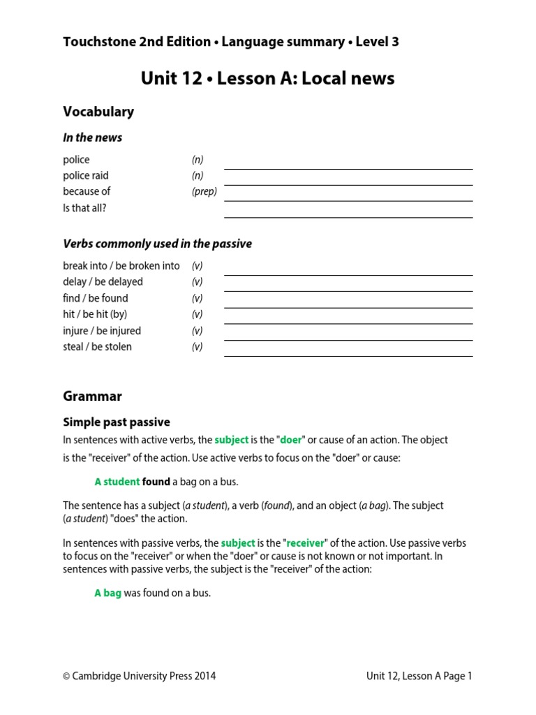 Unit 12 - Lesson A: Local News: Touchstone 2nd Edition - Language Summary - Level 3 | PDF ...