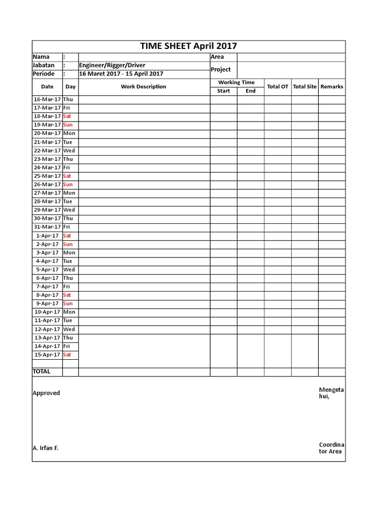 April 2017 Time Sheet for Engineers | PDF