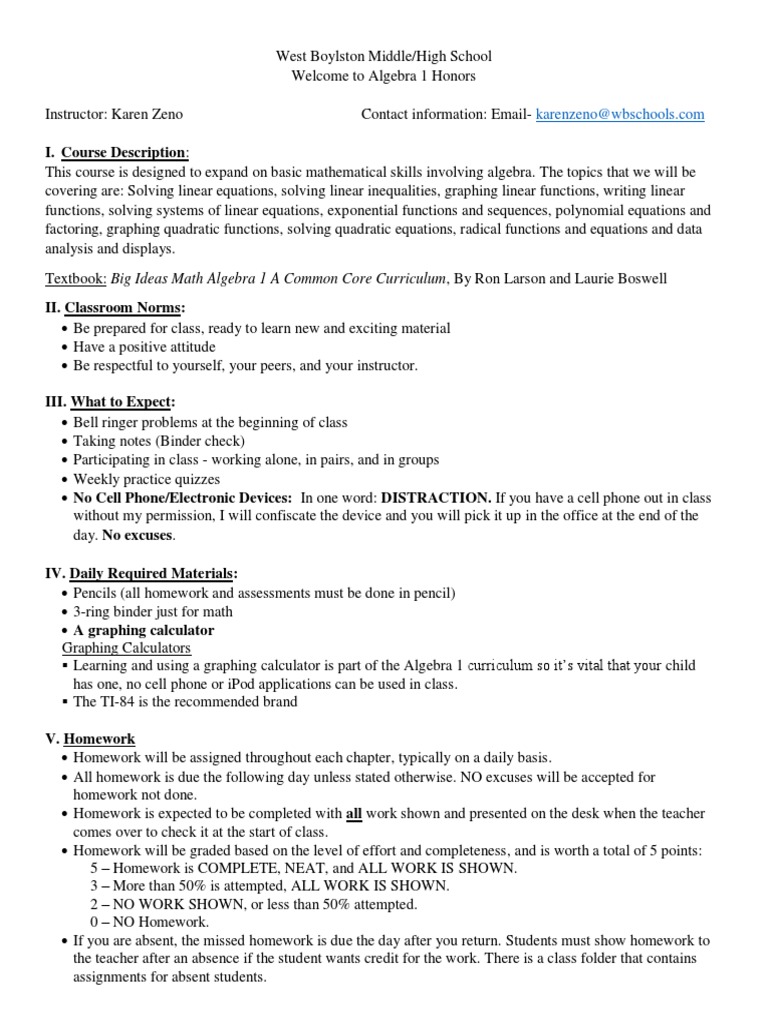 Algebra 1 Honors Syllabus | PDF | Homework | Equations