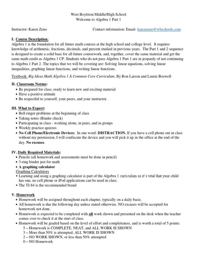 Algebra 1 Part 1 Syllabus | PDF | Homework | Educational Assessment