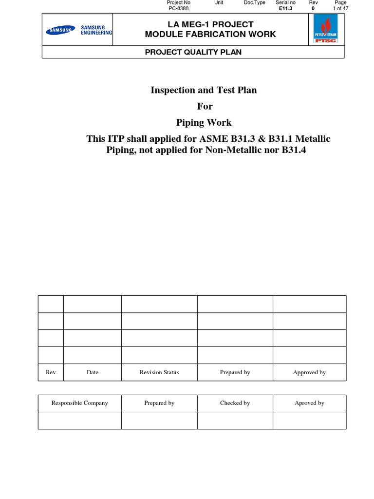 S-000-1676-0001V - 11 - ITP For Piping Work | PDF | Nondestructive ...