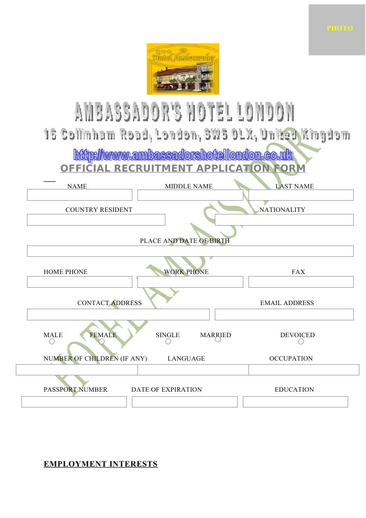 Ambassadors Hotel Official Employment Application Forms. | PDF