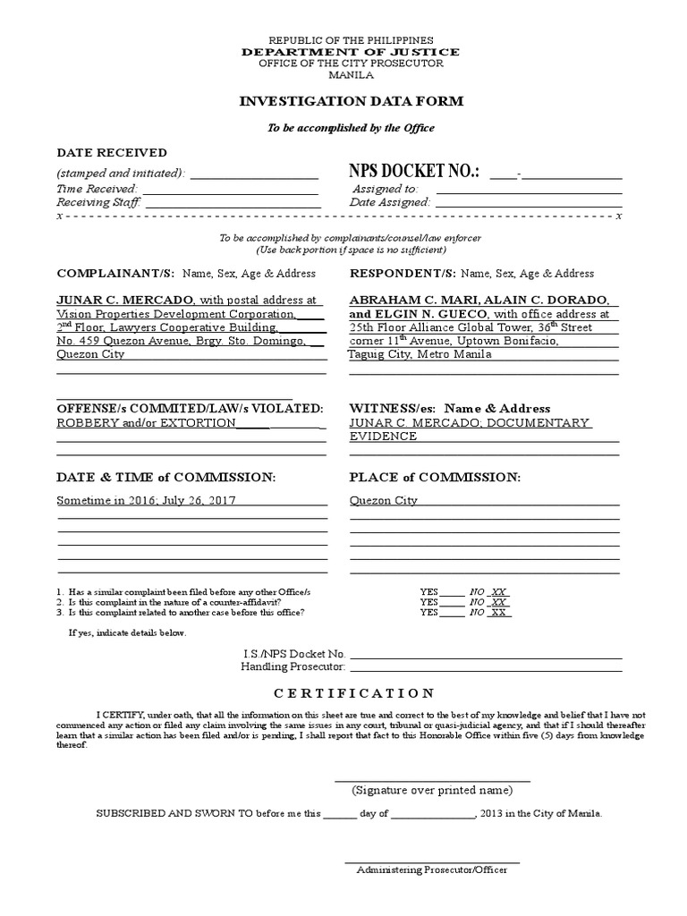 Blank I.S. Form | PDF | Complaint | Metro Manila