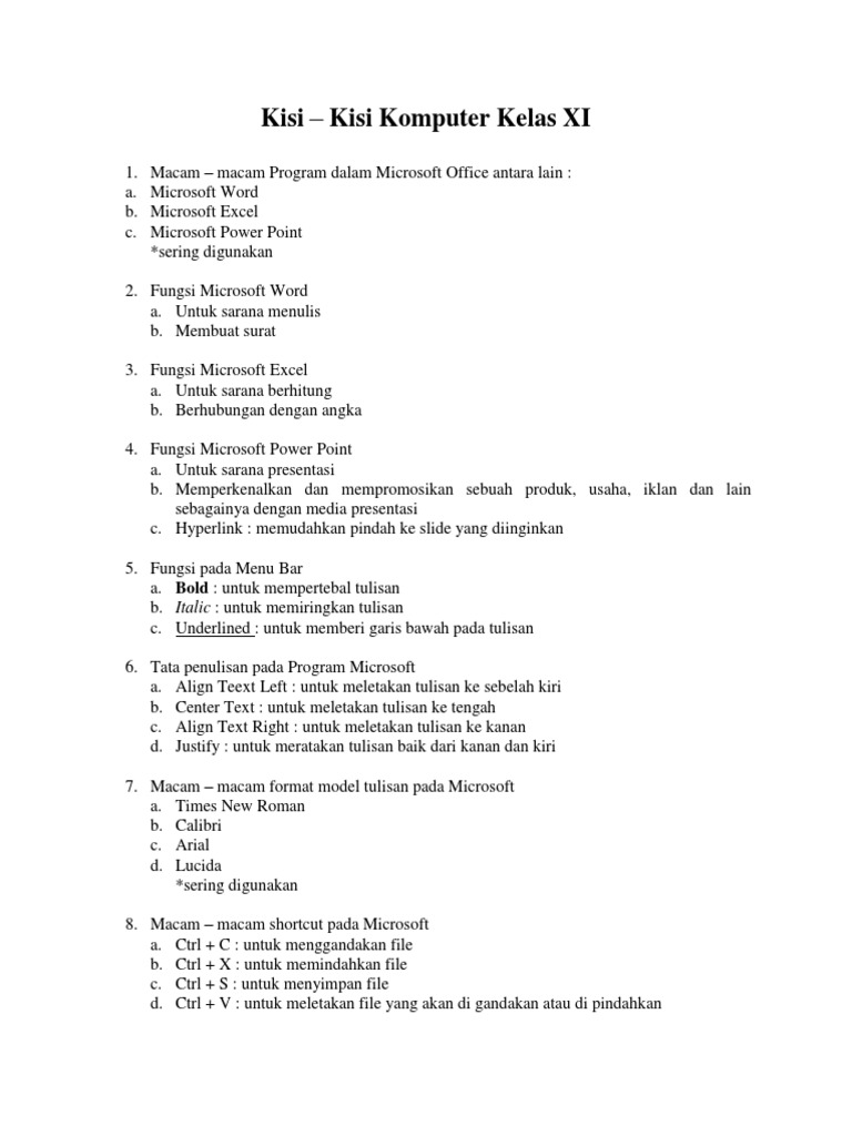 Kisi - Kisi Kelas XI | PDF