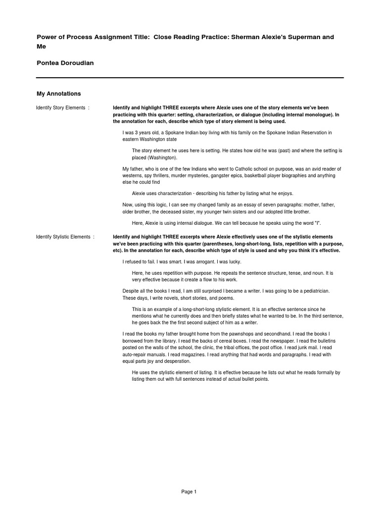 Close Reading Practice Sherman Alexies Superman and Me | PDF | Native ...