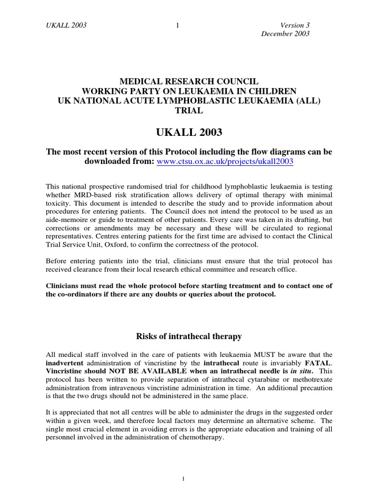 UKALL2003v3 Protocol | PDF | Leukemia | Health Care