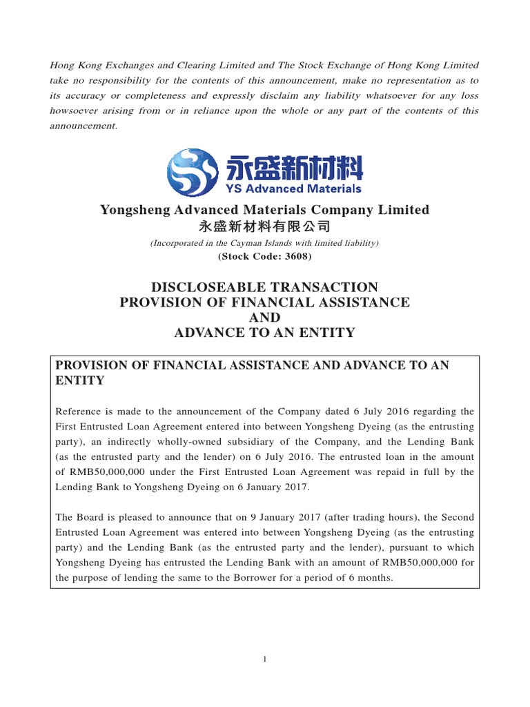Hkex New Entrusted Loan Arrangement 永盛新材料 | PDF | Loans | Renminbi