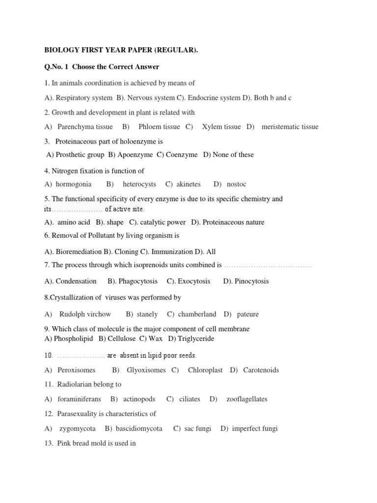 Biology First Year Paper (Regular) - Q.No. 1 Choose The Correct Answer ...