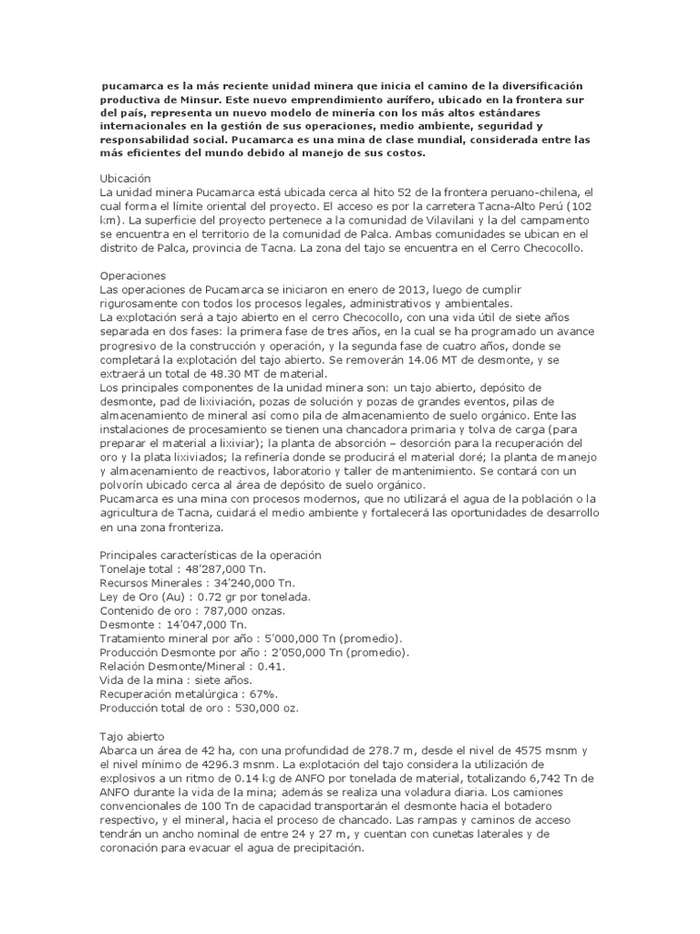 Pucamarca Es La Más Reciente Unidad Minera Que Inicia El Camino de La Diversificación Productiva ...