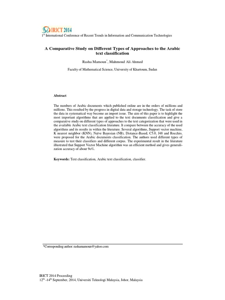 A Comparative Study On Different Types of Approaches To The Arabic Text Classification | PDF ...