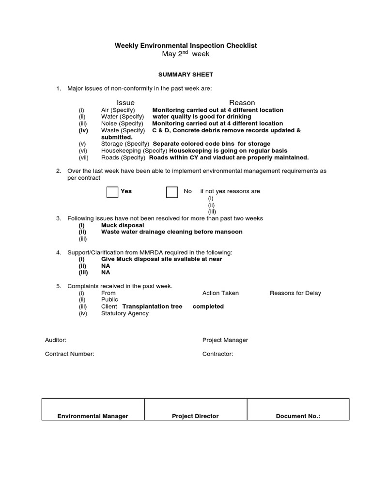 Weekly Environmental Inspection Checklist 2 | Housekeeping | Waste