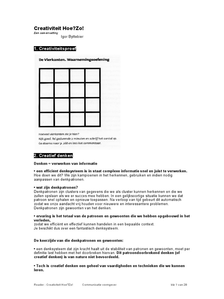 Creativiteit Hoe-Zo Een Samenvatting Igor Byttebier | PDF
