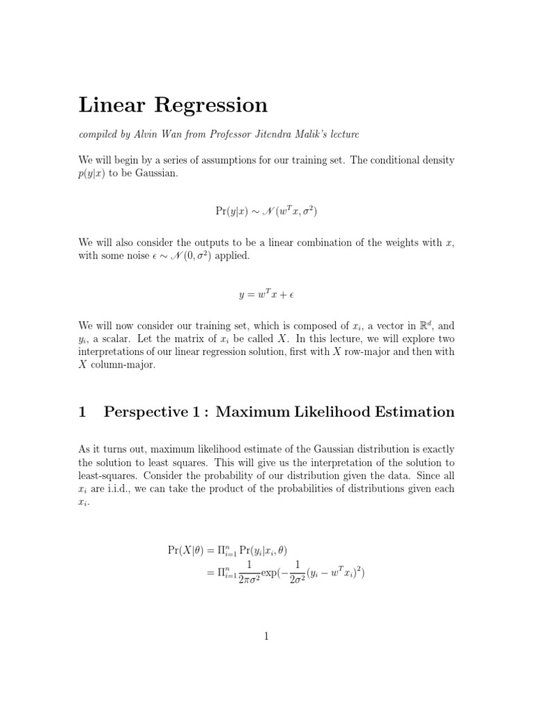 Linear Regression: 1 Perspective 1: Maximum Likelihood Estimation ...