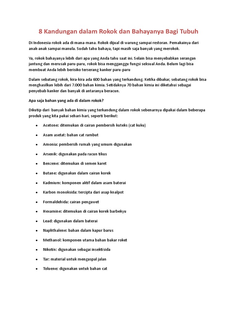 8 Kandungan Dalam Rokok Dan Bahayanya Bagi Tubuh | PDF