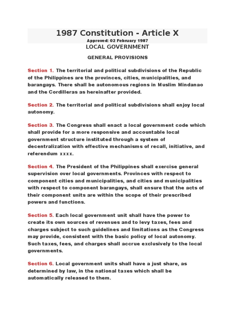 1987 Constitution - Article X: Local Government | PDF