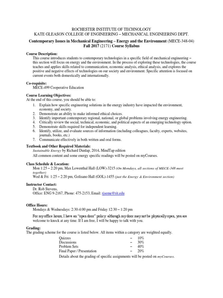 MECE 348 Syllabus Rit 2171 | PDF | Engineering | Quiz