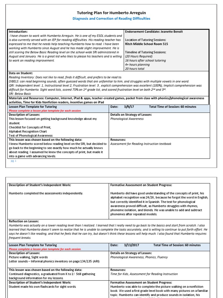 Tutoring Plan Template 1 | PDF | Phonics | Reading Comprehension