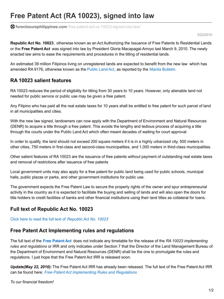 Free Patent Act RA 10023 Signed Into Law | PDF | Patent | Government ...