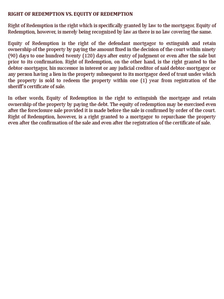Right of Redemption Vs | PDF