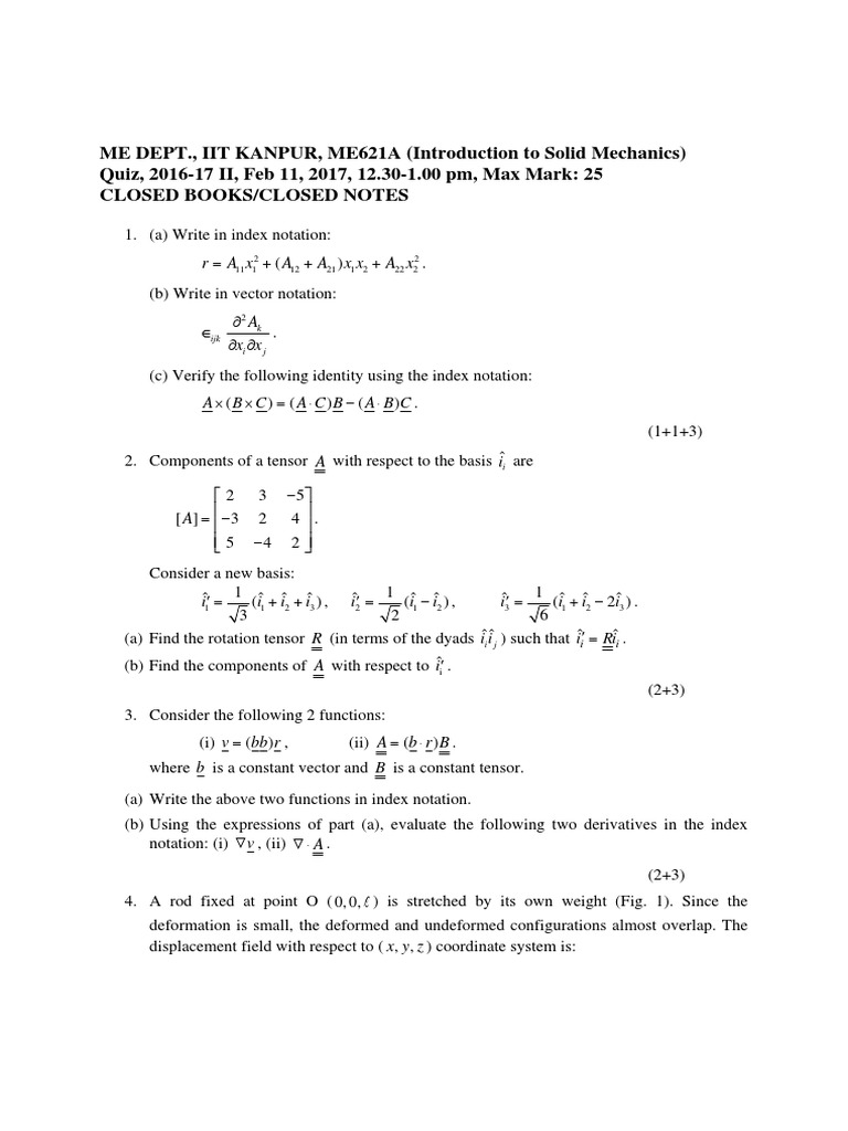 ME DEPT., IIT KANPUR, ME621A (Introduction To Solid Mechanics) Quiz ...