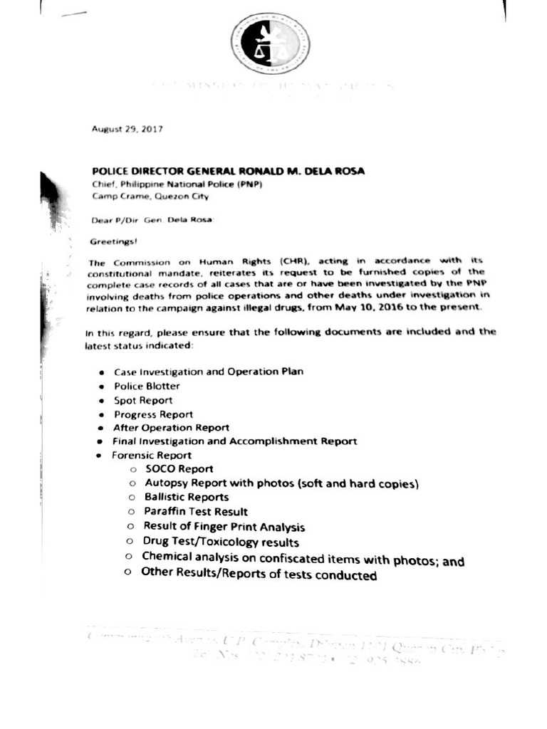 CHR Chair Chito Gascon's letter to PNP chief Ronald dela Rosa