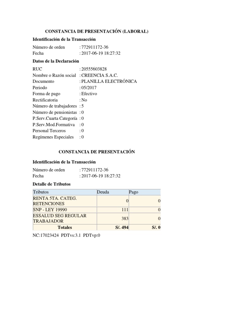 Constancia de Presentación PDT y Plame - Creencia Sac | PDF