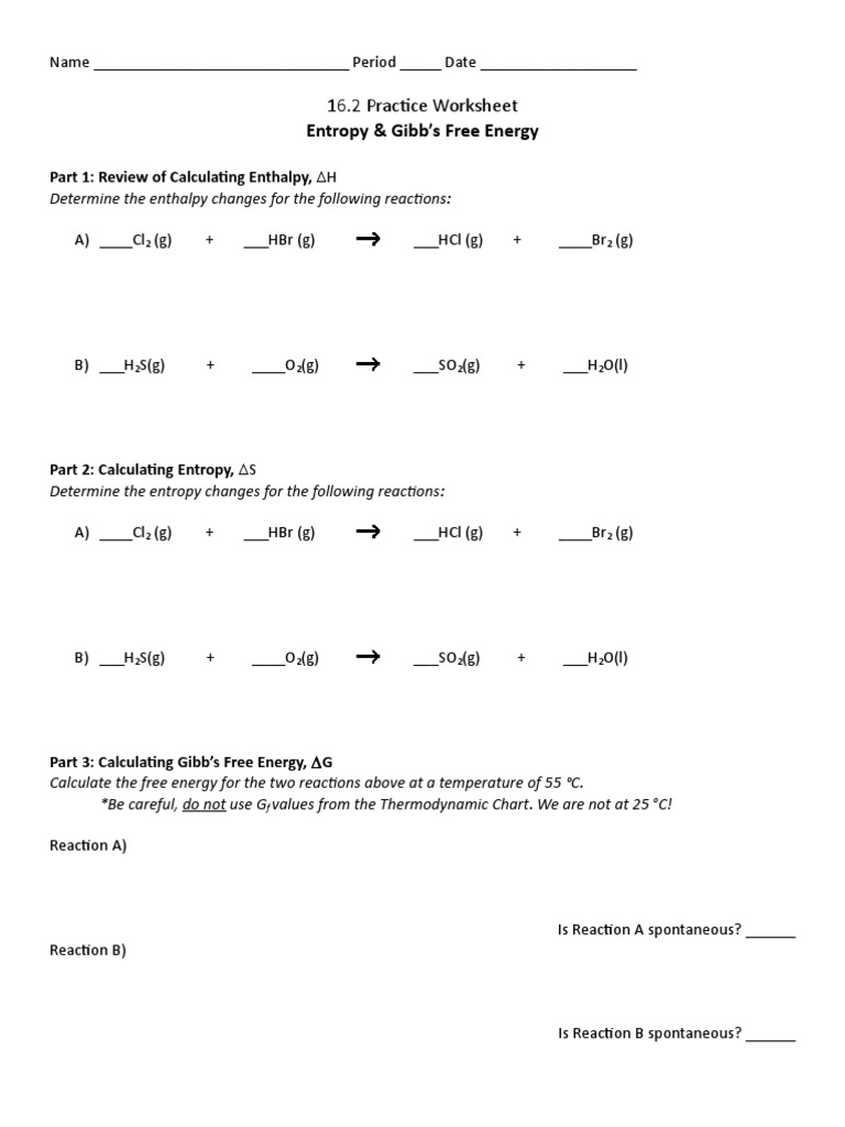 Entropy & Gibb's Free Energy: 16.2 Practice Worksheet | PDF | Teaching ...