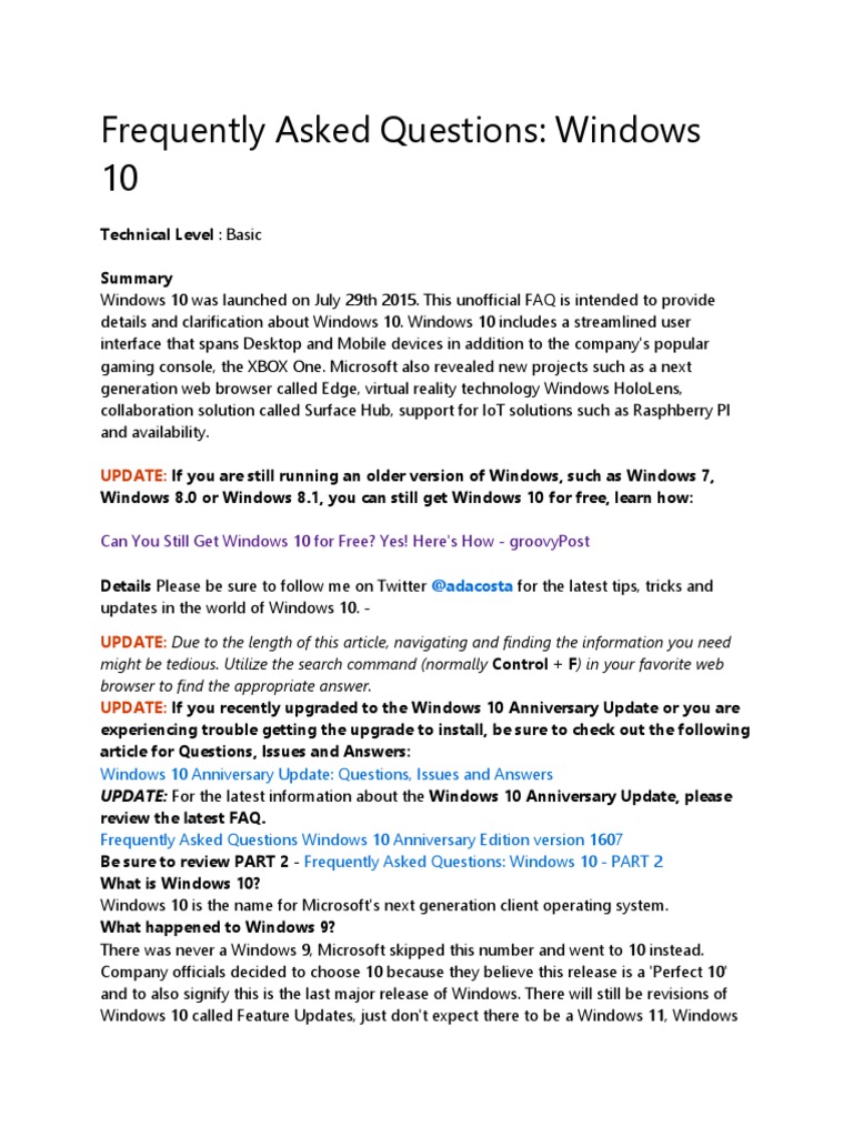 Frequently Asked Questions: Windows 10: Update | PDF | Windows 10 ...