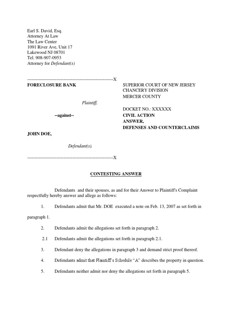 Sample Answer Foreclosure Defense New Jersey | PDF | Affirmative ...