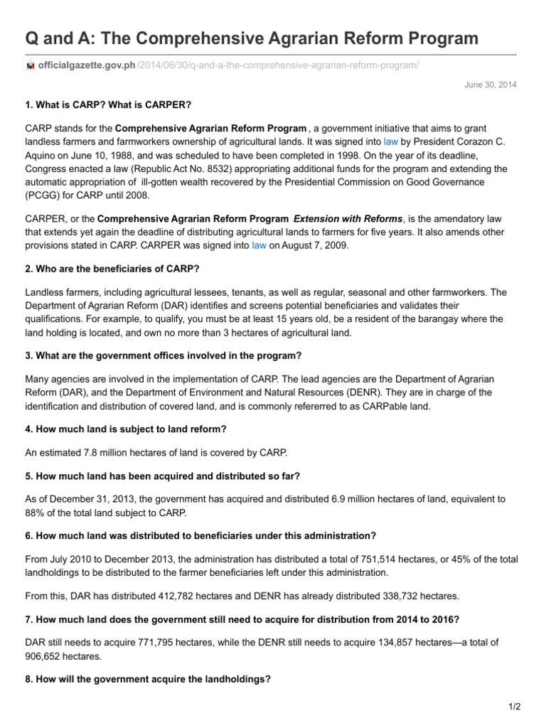 CARPER: Agrarian Reform Insights | PDF | Virtue | Government Information
