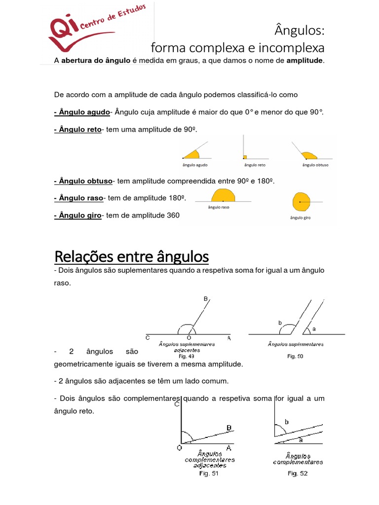 Classificação e Representação de Ângulos | PDF | Ensino de Matemática ...