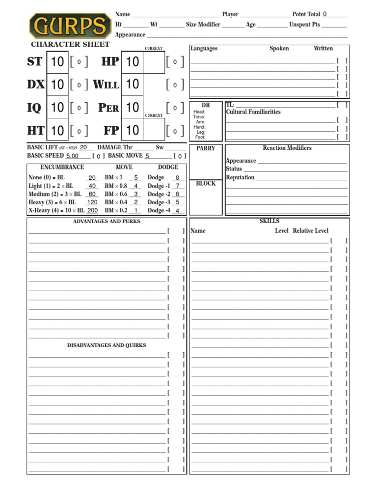 Gurps CharacterSheet-Fillable.pdf | Role Playing Games | Leisure