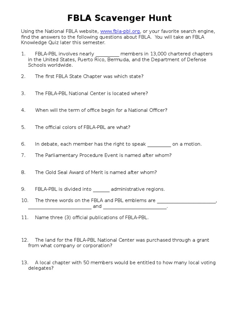 FBLA Scavenger Hunt Questions Guide | PDF | The United States