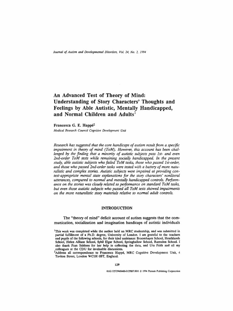 Happe 1994 | Download Free PDF | Theory Of Mind | Autism