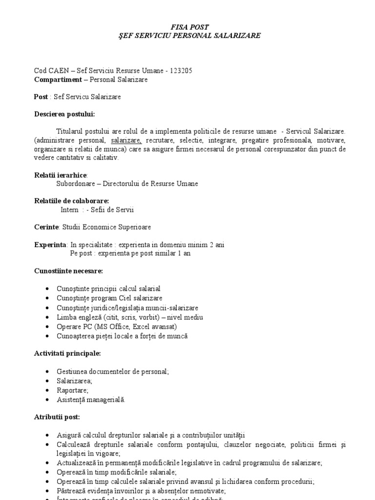 Fisa Post Sef Serviciu Salarizare | PDF