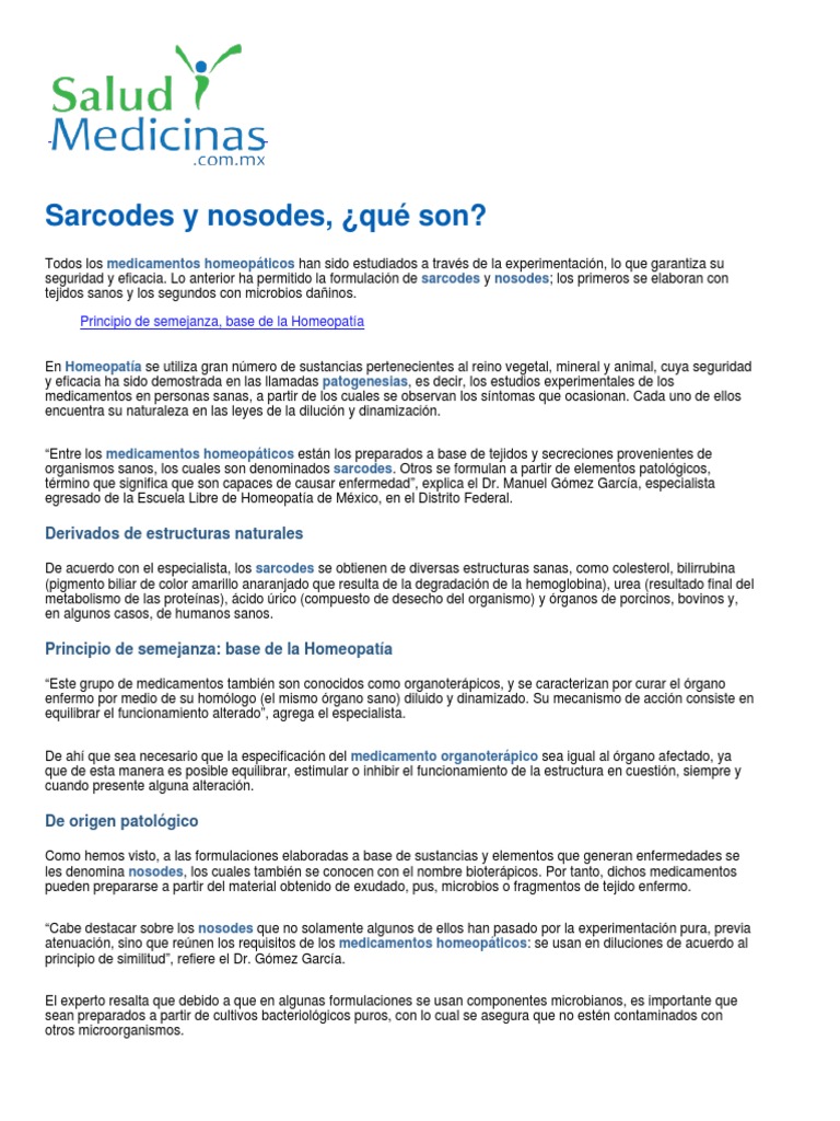 Sarcodes y Nosodes en Homeopatía | PDF | Homeopatía | Medicamentos con receta