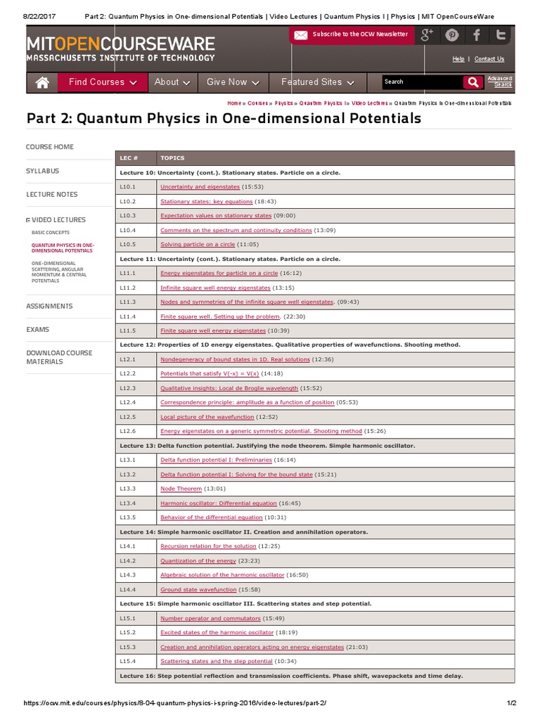 Part 2 - Quantum Physics in One-Dimensional Potentials - Video Lectures - Quantum Physics I ...