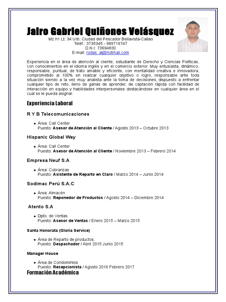 CV - Jairo Quiñones | PDF | Centro de llamadas | Perú