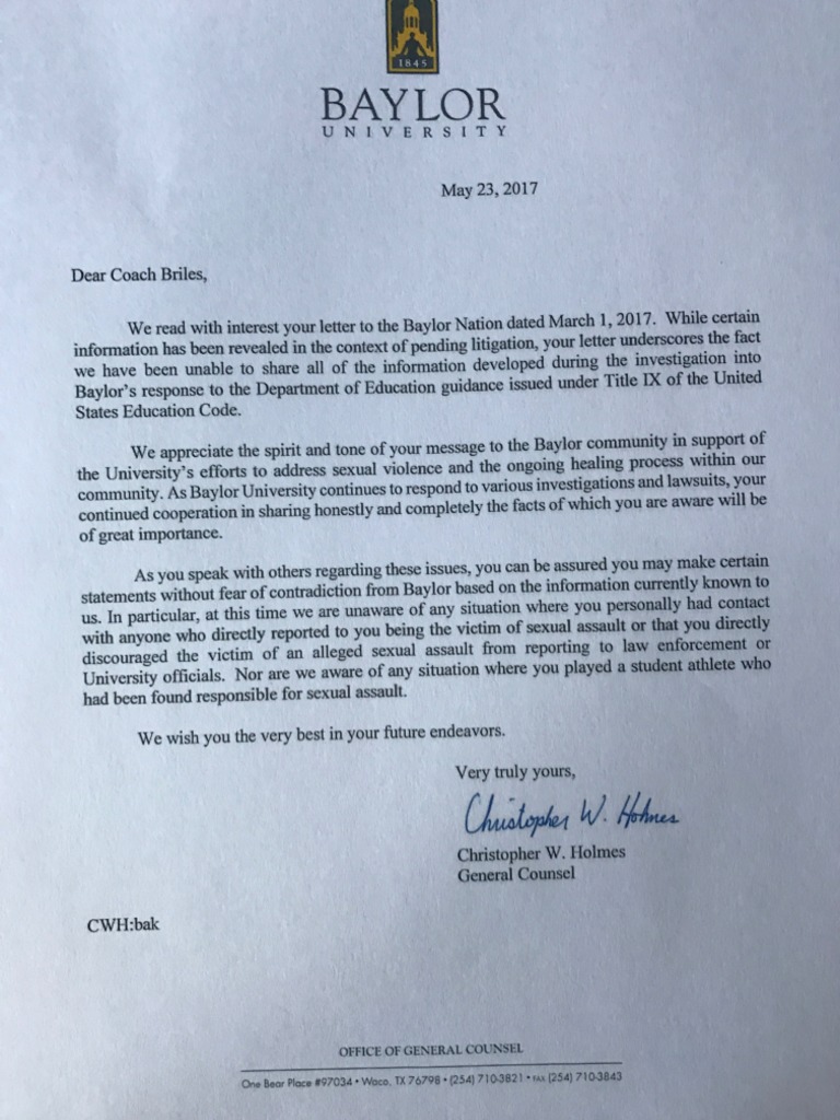 Baylor Letter To Briles | PDF