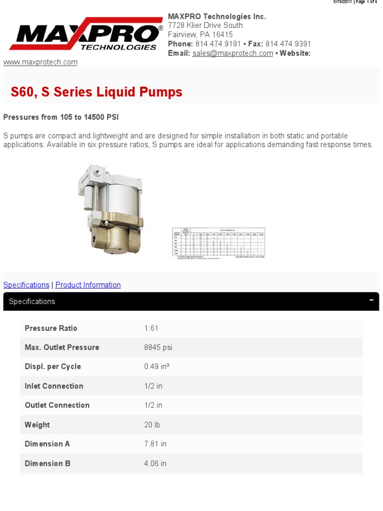 S60, S Series Liquid Pumps: Specifications | PDF | Pump | Pressure