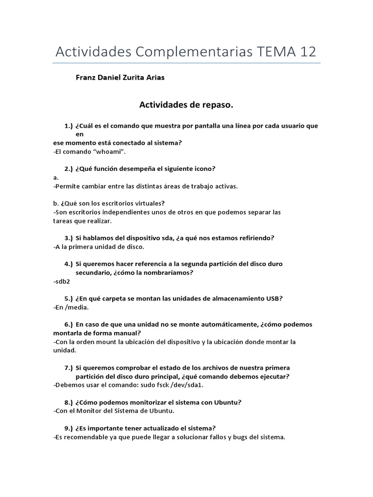 Actividades Complementarias Tema 12 | PDF | Ubuntu (sistema operativo) | Arquitectura de ...
