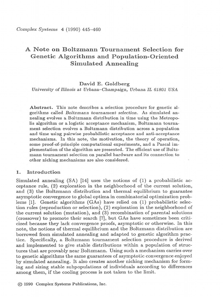 A Note On Boltzmann Tournament Selection For | PDF | Genetic Algorithm ...
