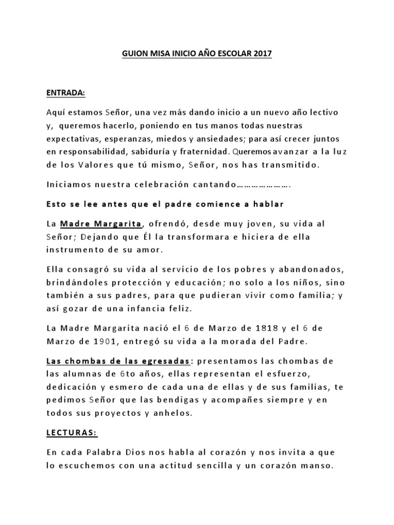 Guion Misa Inicio Año Escolar 2017 | Misa (liturgia) | eucaristía