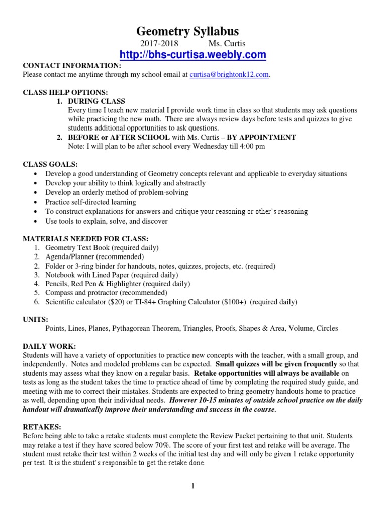 Geometry Syllabus | PDF | Homework | Test (Assessment)
