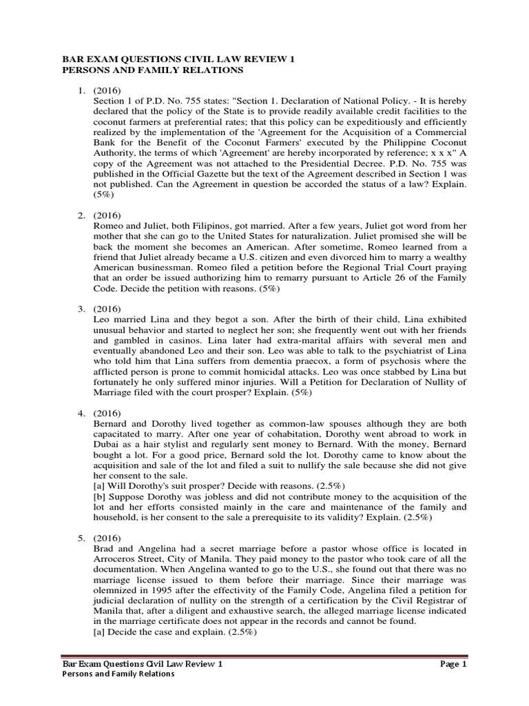 BAR EXAM CIVIL LAW REVIEW QUESTIONS | PDF | Annulment | Marriage
